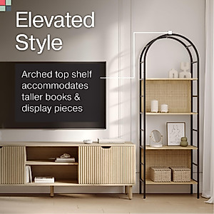 4 Tiered Arched Bookshelf with Natural Rattan Backing - Modern Home Decor - Boho Rattan Bookshelf - Arched Bookcase - Wooden Open Arched Cabinet with Shelves - Metal and Wood Bookshelf (Light Oak)