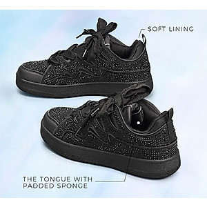 LUCKY STEP Women's Sparkle Rhinestone Fashion Sneakers Walking Tennis Bling Glitter Roaring Shoes Platform Lace up Casual Mesh Sneaker(Black Rhinestone,8.5)
