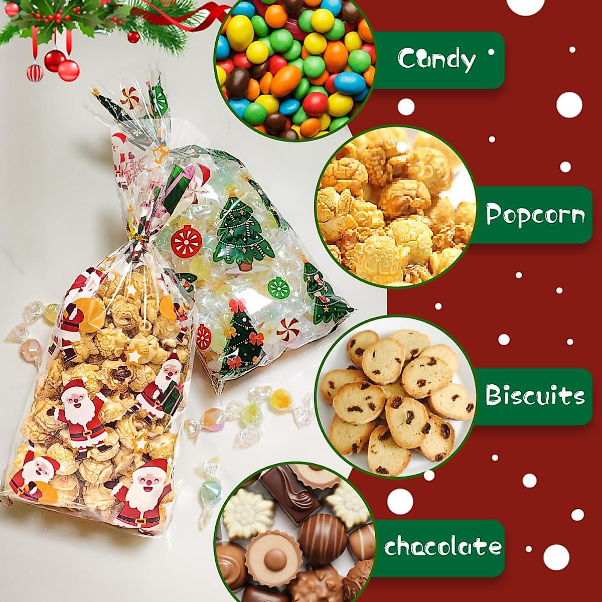 Christmas Treat Bags, Christmas Candy Bags, Christmas Bags for Goodies, 60 PCS Christmas Cellophane Bags with Ties, Christmas Plastic Bags, Christmas Cello Bags for Christmas Day Party Favor Supplies