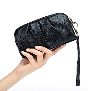 Wristlet Wallets for Women Genuine Leather Wristlet Purses Ladies Ruched Wristlet Clutch Wallet Purses, Black