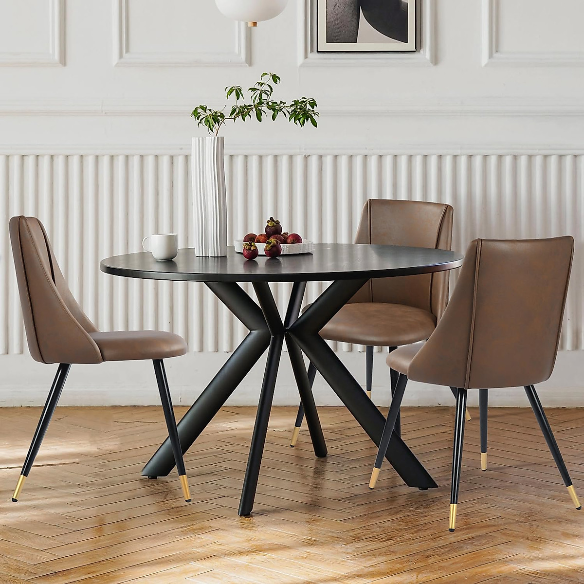 FurnitureR Dining Chairs Set of 2 Modern Upholstered Accent Chairs with Soft Seat/Metal Legs Kitchen Side Chairs for Kitchen Dining Room Waiting Reception Room, Faux Leather, Brown