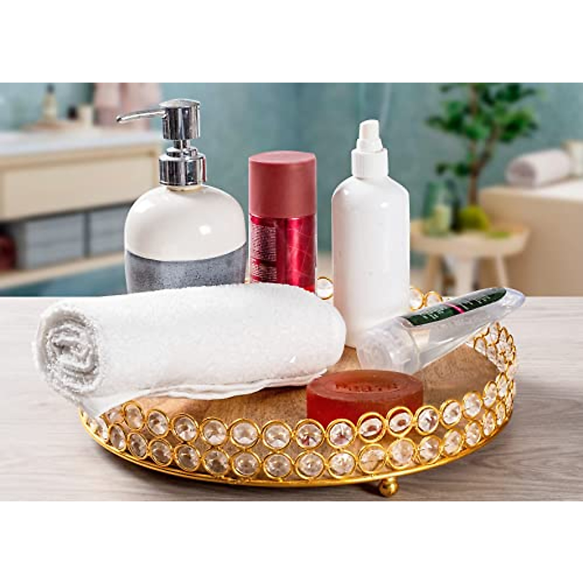 Wooden Round Serving Tray for Living Room,Decorative Coffee Table Tray,Round Wood Tray for Ottoman or Side Table, Charcuterie Board or Cheese Platter, Wooden Metal Tray 12" Dia with Golden Natural