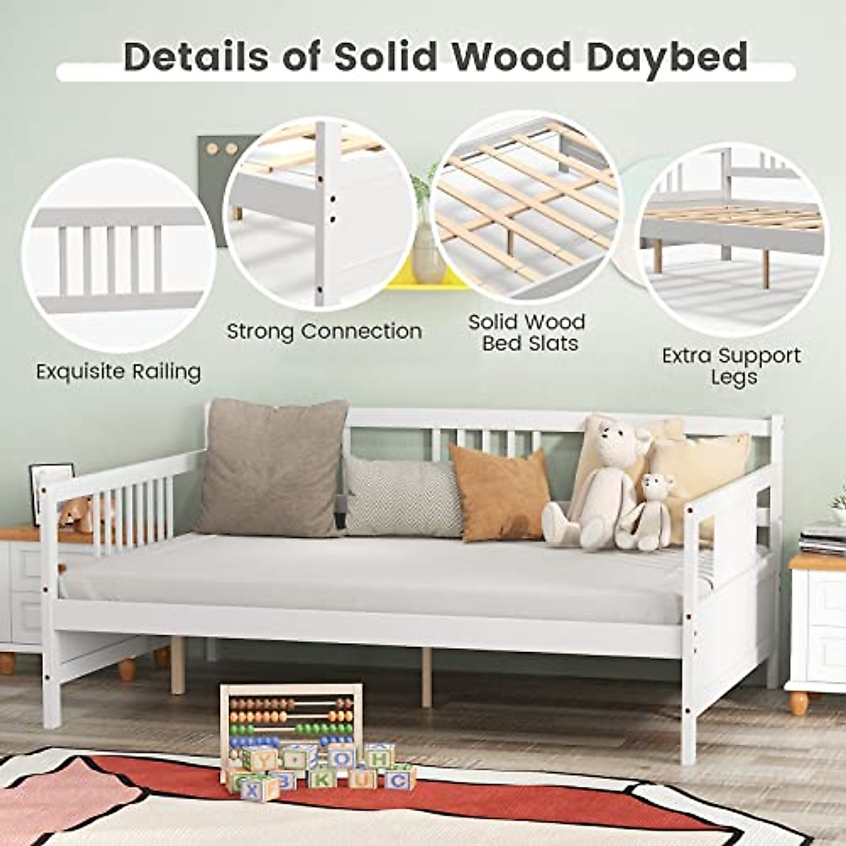 Giantex Full Size Daybed, Wooden Daybed Sofa Bed Frame with Wood Slat Support for Kids Teens, Multi-Functional Day Bed for Living Room Bedroom Guest Room, No Box Spring Needed (Full,White)