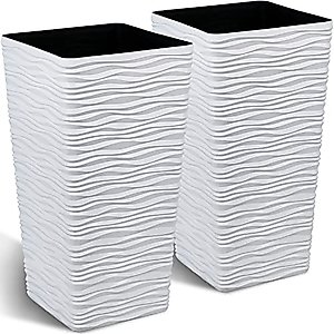 Worth Garden 2-Pack Tall Tapered Planter - Plastic White Square Plant Pots - 22" Tall Large Tree Planter - Modern Matte Wavy Flower Pot for Indoor Outdoor Porch Deck