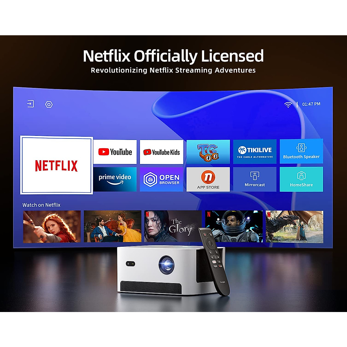 Dangbei Neo Smart Projector, Netflix Officially-Licensed Portable Projector with WiFi and Bluetooth, Compact Native 1080P Movie Projector, HDR10, Auto Keystone, Auto Focus, 2x6W Dolby Audio Speakers