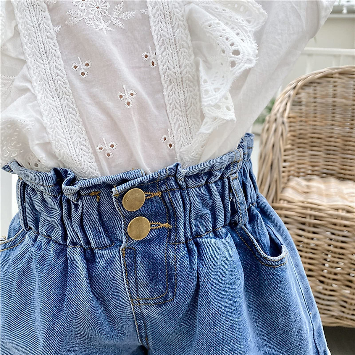 Moru Toddler Baby Girls Casual Denim Shorts Summer High Waisted Jeans Short (Blue, 12-24 Months)