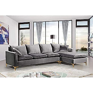 Meridian Furniture Naomi Collection Modern | Contemporary Velvet Upholstered REVERSIBLE Sectional with Rich Gold or Chrome Legs, Grey