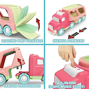 Carrier Car Toy Set(5 in 1) with Lights and Sounds, Pink Toy for Girl Toddler Kid, Friction Powered Double Layer Transport Truck with Cartoon Vehicles, Child Play Birthday Gift Christmas Party Favors