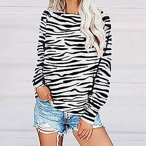 Mayntop Womens Tops Shirt Plus Size Random Zebra Stripes Pattern Long Sleeve Crew Neck Loose Blouse(A White,M)