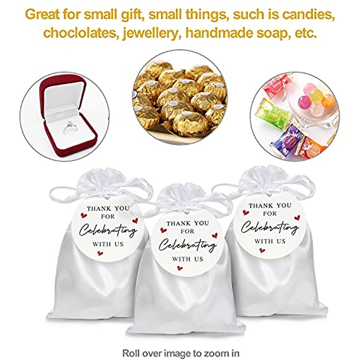 BEAVOING 60PCS Satin White Gift Bags, 4 x 6 Inches Jewelry Pouches Wedding Favor Drawstring Bags Baby Shower Christmas Gift Bags, Candy Bags with Thank You Tags