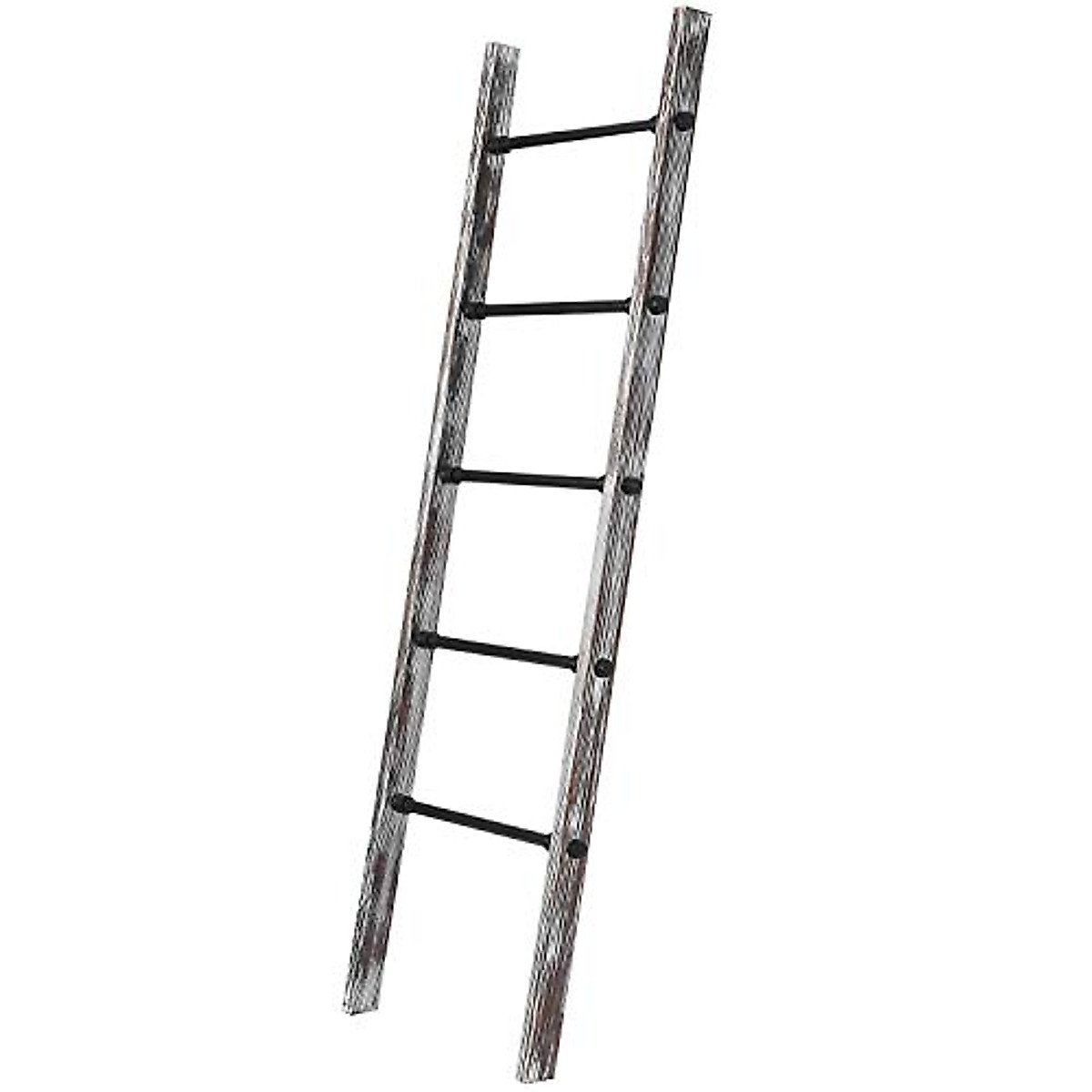 MyGift Urban Rustic Torched Wood Blanket Ladder Decor with 5 Industrial Metal Rungs, 5 Foot Wall Leaning Towel Storage Rack