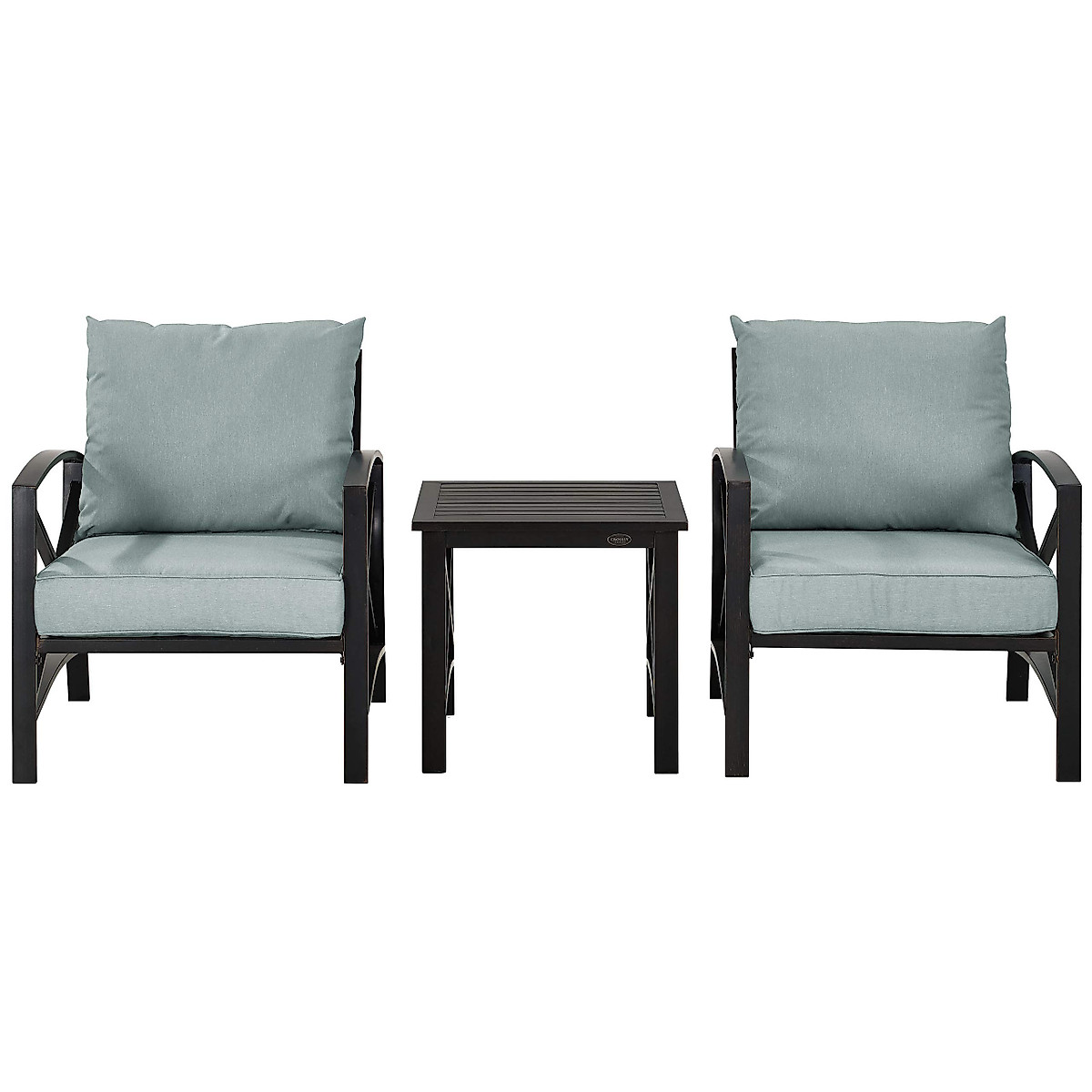 Crosley Furniture Kaplan 3-Piece Outdoor Chair and Side Table Set, Patio Conversation Sets for Porch, Deck, Oiled Bronze with Mist Cushions
