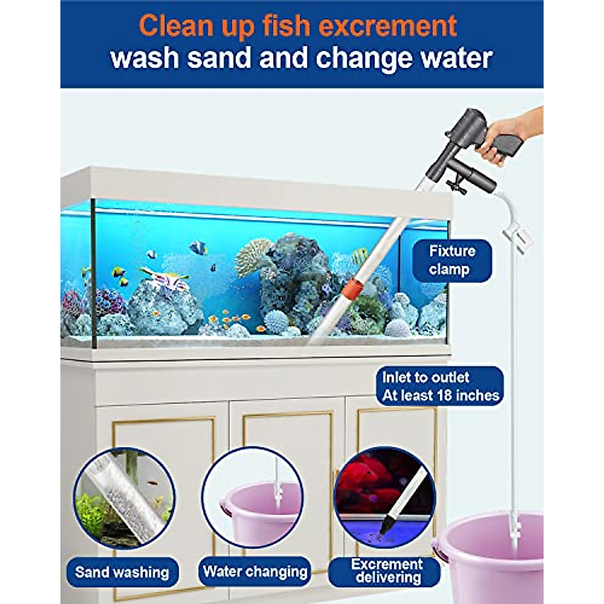 QZQ Aquarium Gravel Cleaner [2023 Edition] Vacuum Fish Tank Vacuum Cleaner Tools for Aquarium Water Changer with Aquarium Thermometers Fish Net kit Use for Fish Tank Cleaning Gravel and Sand
