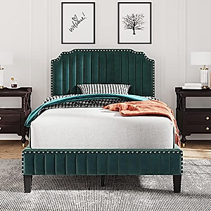 Livavege Full Size Bed Frame, Velvet Upholstered Full Platform Bed Frames with Curved Headboard, Mattress Foundation/Strong Wooden Slats Support/No Box Spring Needed/Easy Assembly, Green
