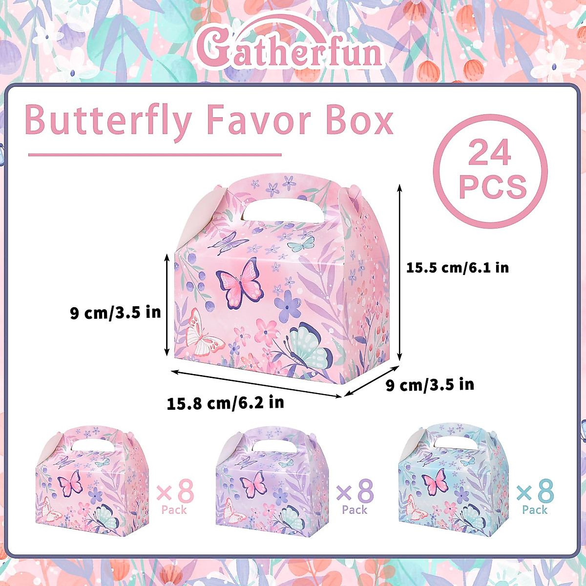 Butterfly Birthday Party Supplies Butterfly Party Favor Box, Gift Box, Treat Boxes, Candy Box for Butterfly Birthday Party Decorations, Mix 3 designs, 24Pack.