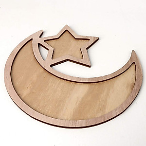 Jilin Rustic Wooden Crescent Moon Srar Eid Ramadan Party Food Serving Tableware Dessert Pastry Tray Display Holder Decor Ornament Eid Mubarak Balloon