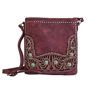 Montana West Concealed Carry Studs and Conchos Crossbody Purse - Burgundy