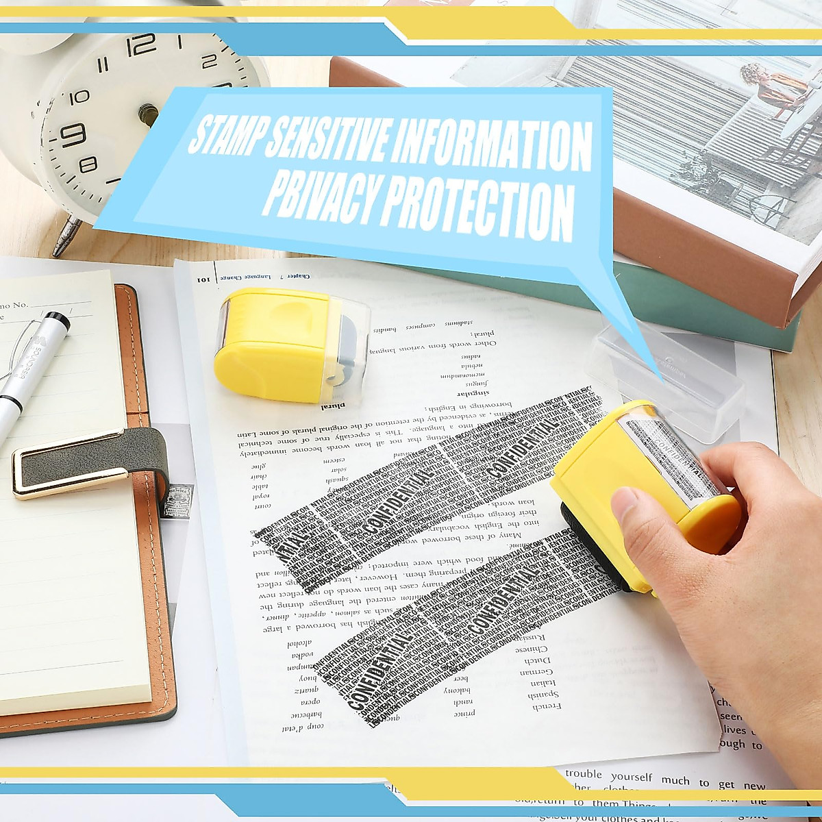 2 Pack Identity Theft Protection Roller Stamp Set Yellow Confidential Roller Stamp Privacy Stamp Information Blocker Stamp and 4 Pack Refill Ink for ID Account Address Privacy Information Security