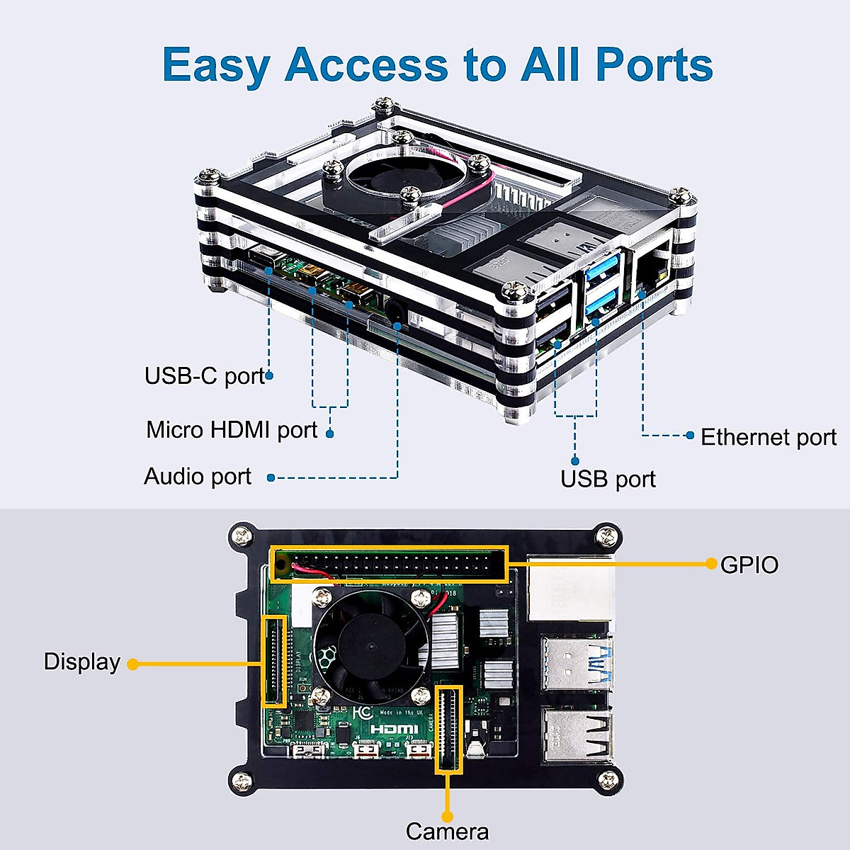 Smraza Case for Raspberry Pi 4 Model B, Pi 4B Case with Fan, 4PCS Heatsinks, 5V 3A USB-C, USB Card Reader, 6 Feet Micro HDMI Cable, 7.8 Inch Micro HDMI to HDMI Cable (4K Ultra HD)