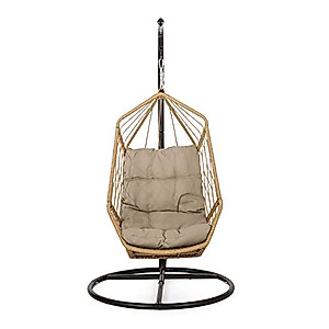 Christopher Knight Home Allegra Outdoor Hanging Chair with Stand, Light Brown + Tan + Black