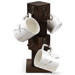 PUERSI Coffee Mug Holder for Counter, Rustic Solid Wood Mug Tree, Farmhouse Wooden Coffee Cup Rack, Distressed Mug Stand with 8 Hooks (Rustic Brown)