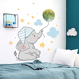 Lovely Elephant with Night Cap Wall Stickers, Luminous Moon Wall Decals, Cloud Star Cartoon Wall Decors, Removable DIY Art Wall Mural for Kids Bedroom, Nursery, Home Decoration