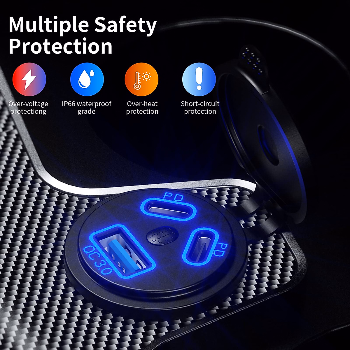 KEWIG 2Pcs 12V USB Outlet Quick Charge 3.0 USB Charger Sockets & Dual PD Type - C Ports, USB Cigartte Lighter Socket with ON/Off Switch DIY Kit, Waterproof Car Charger for Car Boat Marine RV ATV,Golf