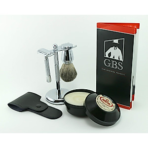 G.B.S Men's Wet Shaving Holiday Kit, Classy Butterfly Non-slip Knurled DE Safety Razor with Case, Omega Cream, Blades, Shaving Brush and Razor Stand