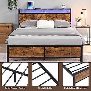 RIDFY Bed Frame with LED Lights and 2 USB Ports, Industrial Platform Bed Frame with 2-Tier Storage Headboard, Heavy Duty Camas/Noise Free/No Box Spring Needed/Brown (Full)