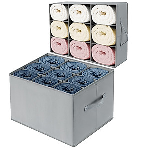 DIMJ Wardrobe Clothes Organizer, Jean Pants Towel Organizers for Closet, 9 Cell Stackable Wardrobe Shelf Dividers, Foldable Storage Bins for Clothes Sweater T-shirts Legging, 4 Pcs Grey