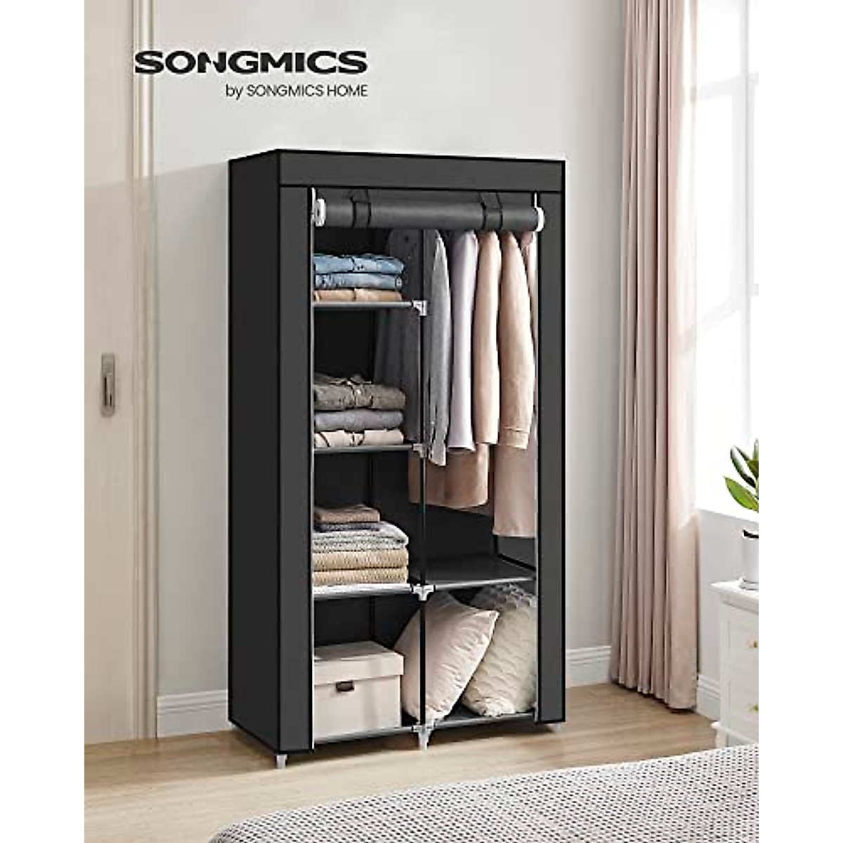 SONGMICS Portable Closet, Clothes Storage Organizer with 6 Shelves, 1 Clothes Hanging Rail, Non-Woven Fabric Closet, Metal Frame, 17.7 x 34.6 x 66.1 Inches, Black URYG84BK
