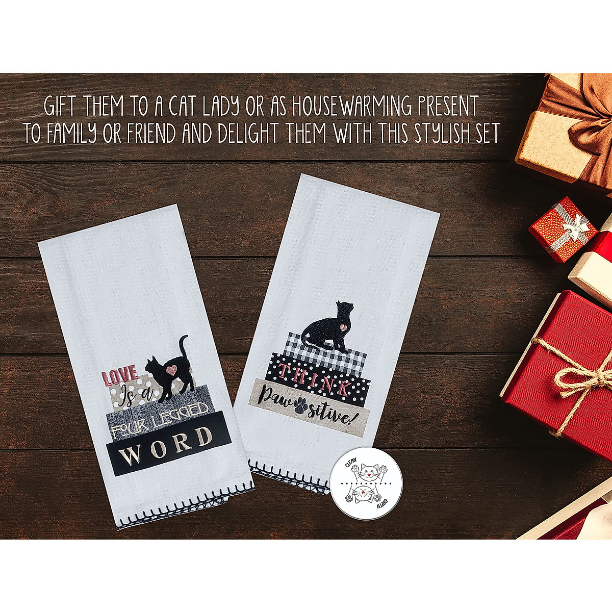 Cat Kitchen Towels with Sayings - 2 Tea Towel Set with Cats Themed Design for Decor, Dish and Hand Drying