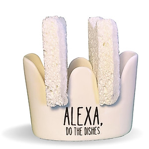 Alexa Mud Pie Sponge Holder for Kitchen Sink, Dual Ceramic Porcelain Cup for Sponges, Rustic Farmhouse Decor, Off-White