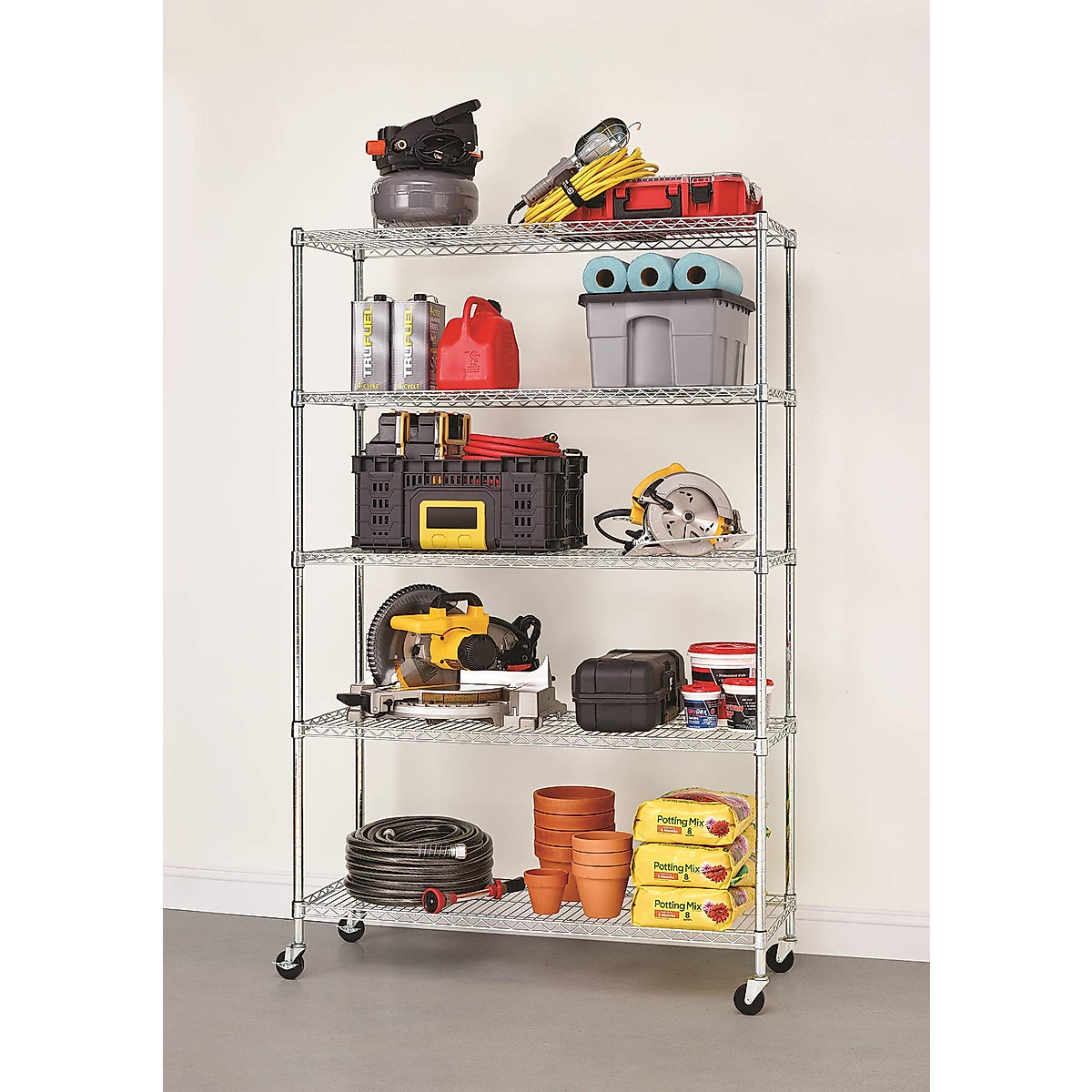 Home Storage Space HSS 5 Tier Wire Shelving Rack with Casters, 18" Dx48 Wx75 H, Chrome