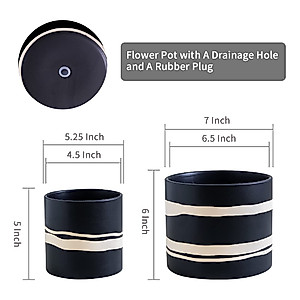 Nihow Modern Ceramic Plant Pot - 5 + 7 Inch Flower Pot for All Indoor Plants - Sturdy Planter Pots with Drainage Hole & Rubber Plugs - Semi-Matte Black & Nature - Plants Not Included