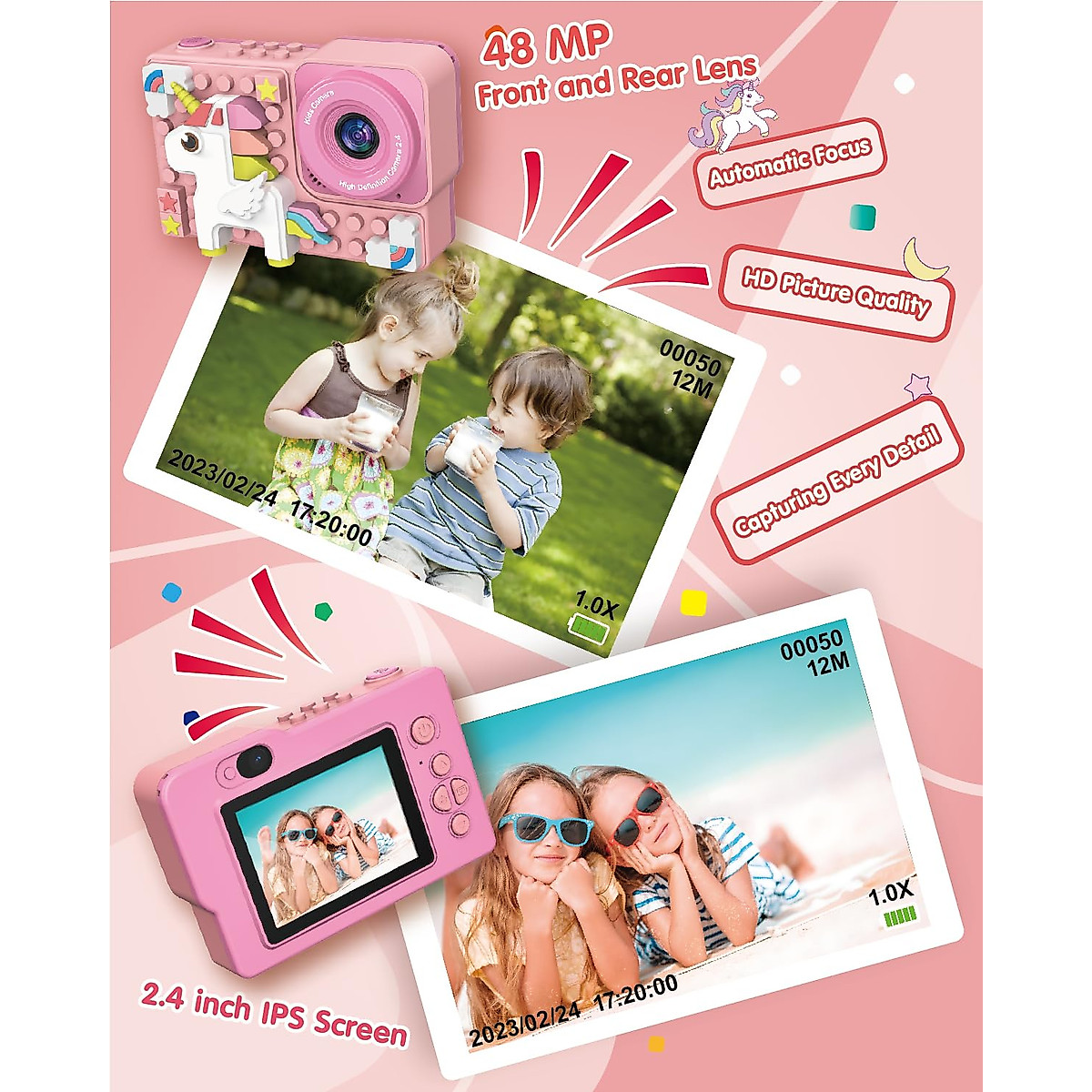 Kids Unicorn Camera Toys for Grils Boys: Kizeefun Mini HD Selfie Video Digital Camera for 3-12 Year Old Children, Christmas Birthday Gifts for 3 4 5 6 7 8 9 Baby Toddler
