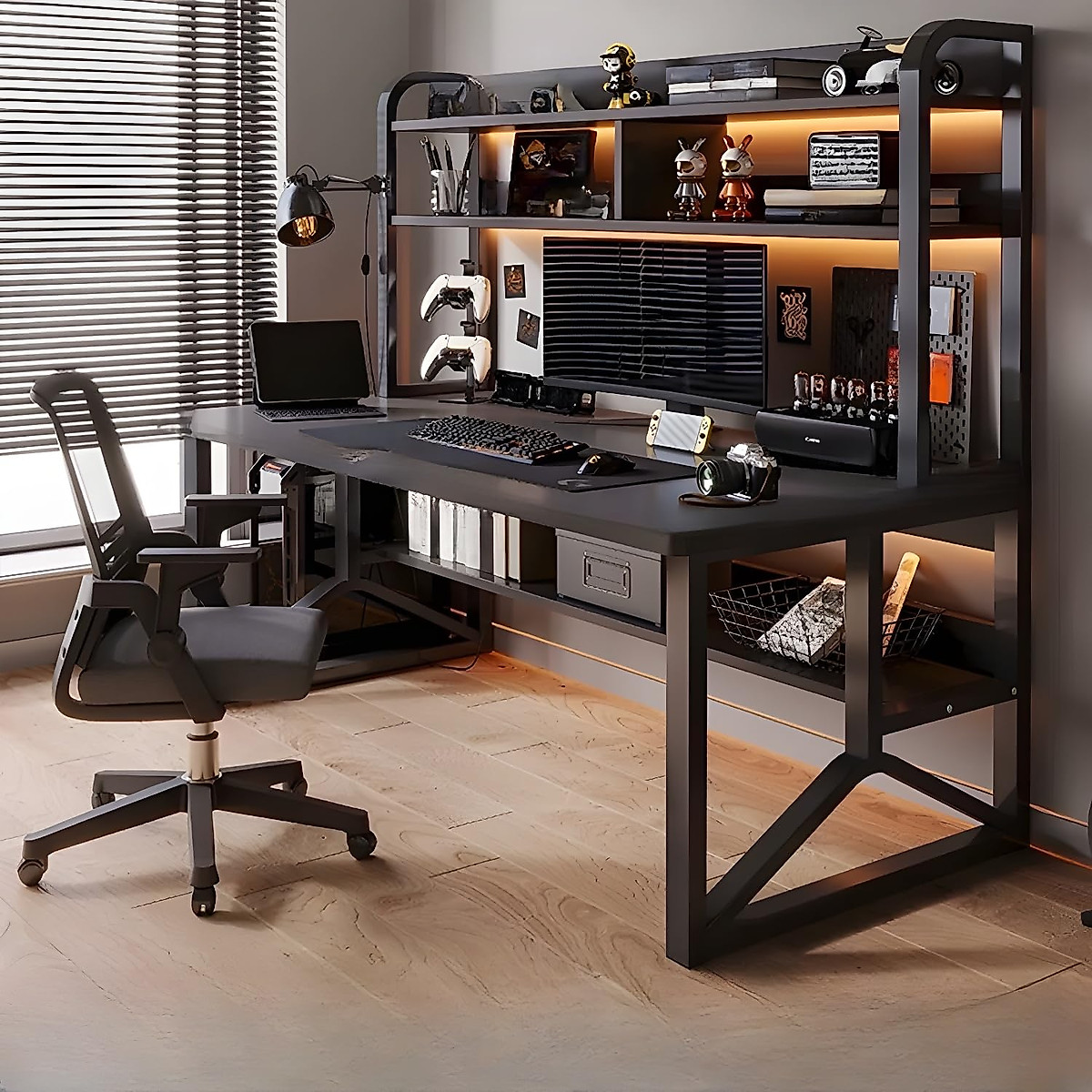 LITFAD Rectangular Wooden Office Desk Modern Computer Desk with Metal Frame and Bookshelf Writing Desk for Home Office - 1 Piece Black 31.5" L x 19.7" W x 59.1" H Desk only