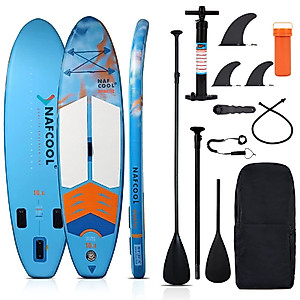 NAFCOOL Inflatable Stand Up Paddle Board,10'4"×32"×6" Surfing Standing Paddle Board with SUP Accessories & Backpack, Non-Slip Deck,Removable Fins,Leash,Paddle,Hand Pump for Youth & Adult(Sky Blue)