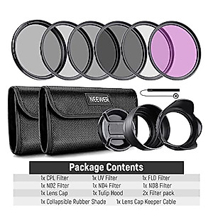 NEEWER 55mm ND2 ND4 ND8 UV CPL FLD Filter and Lens Accessories Kit with Snap on Lens Cap, Tulip Shaped Lens Hood, Collapsible Rubber Lens Hood, Filter Pouch, Safety Tether and Cleaning Cloth