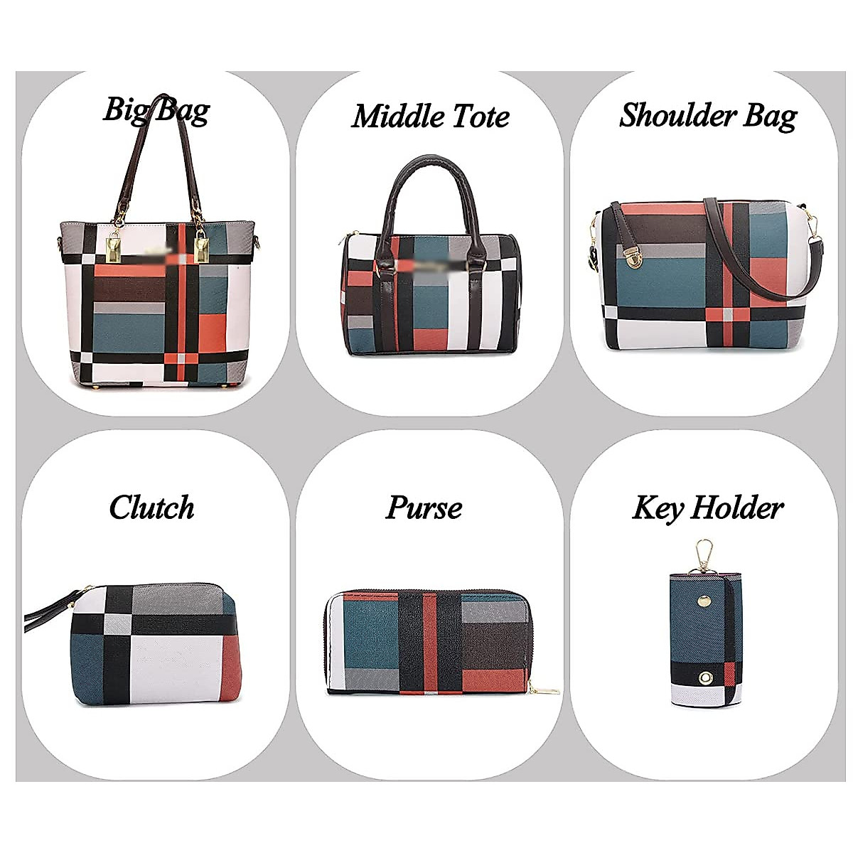 6-Pcs Handbags Set for Women Faux Leather Tote Bag Fashion Top-Handle Handbag Shoulder Bags Crossbody Totes Satchel Purses & Wristlet Wallet Purse Set-Green