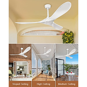 KASASS Ceiling Fan with Remote Control No Light, 52" Low Profile Ceiling Fan Outdoor/Indoor, 3 Blades 6 Speeds Reversible DC Motor Modern Ceiling Fans for Patio, Bedroom, Living Room, Porch (White)