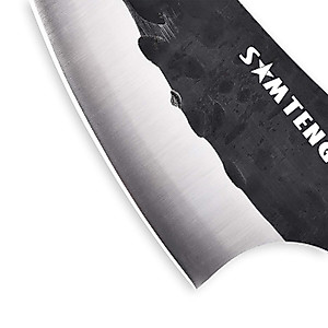 SMTENG Outdoor Survival Knife 5.5 inch，Great for Camping,Hunting and BBQ activities with Leather Sheath，Handmade Forged Hammered kitchen Knife Full tang Sharp Blade Butcher Knives Boning knife