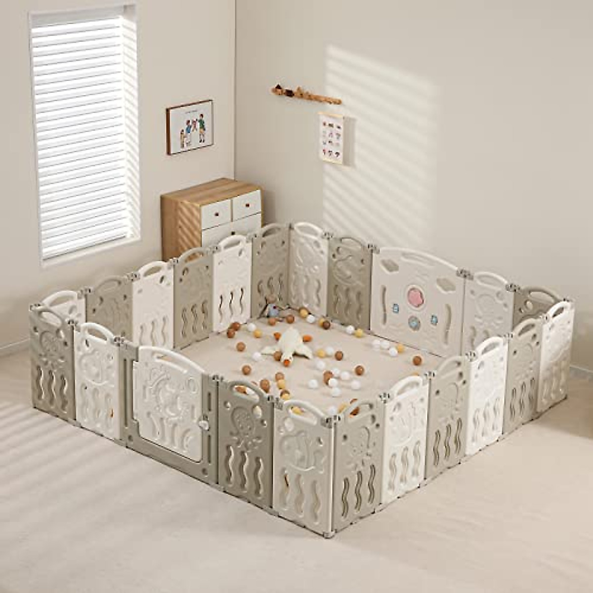 IFLETH Baby Fence Folddler Toddler Playpen Kids Safety Play Center Yard Baby Playpen, Adjustable Shape, Portable Design for Indoor Outdoor Use (22 Piece Set, White+Grey)