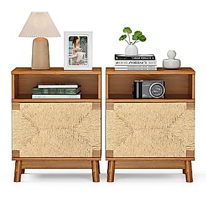 XIAO WEI Large Night Stand Set of 2 with Natural Paper Rope Hand-Woven Doors, Boho Nightstand Bed Side Table Accent End Table, Walnut