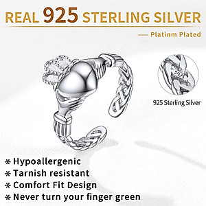 ChicSilver Irish Claddagh Ring 925 Sterling Silver High Polished Traditional Claddagh Celtic Knot Eternity Wedding Band Ring Adjustable