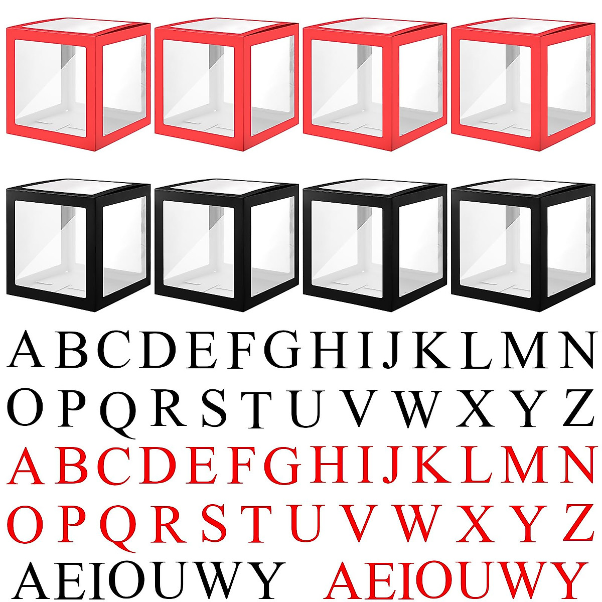 Barydat 8 Pcs Transparent Balloon Boxes Red and Black Clear Balloon Boxes with 66 Letters for Baby Shower Gender Reveal Grad Birthday Party Bridal Wedding Anniversary Backdrop Decoration