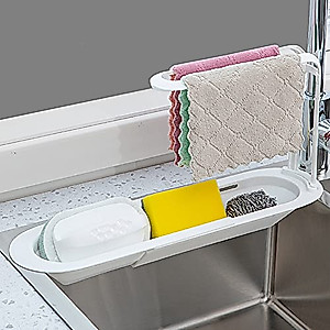 LIFOND Kitchen Sink Caddy Telescopic Sink Tidy Storage Rack Expandable Sink Caddy Organizer with Towel Bar Under Sink Organiser Adjustable Sponge Holder Brush for Kitchen Bathroom,White