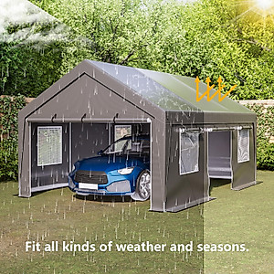 DetalleGo Carport, 13x20 ft Heavy Duty Carport Canopy with Removable Sidewalls and Doors, Portable Garage with Roll-up Ventilated Windows Storage Shelter for Car, Truck, SUV, Boat