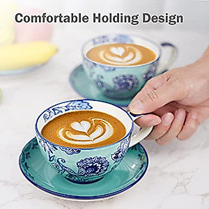 Taimei Teatime Ceramic Coffee Cups and Saucers,10.8oz Tea Mugs with Plates of 2, Green Handpainted Floral Large Tea Mugs for Tea, Cappuccino, Latte or Americano
