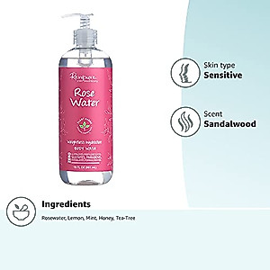 RENPURE Plant Based Organic Natural Rose Water Coconut Oil Body Wash, Sulfate Free Moisturizing Shower Gel Sensitive Skin with Pump for Women, Rose Water, 19 Fl Oz